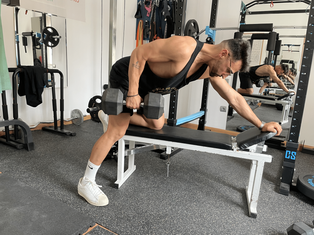 Espalda con mancuernas en banco para crecimiento muscular